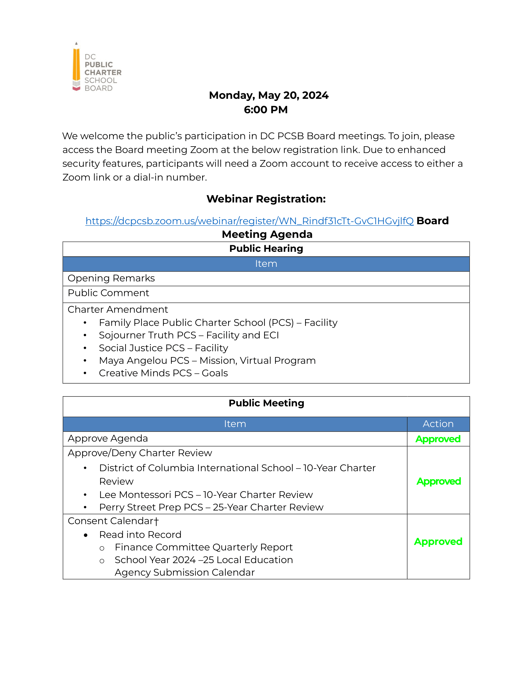Board Meeting - May 2024 | DC PCSB